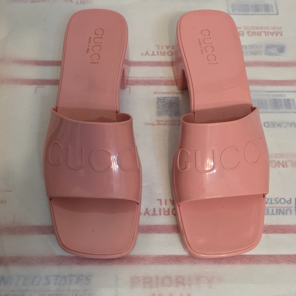 Gucci | Shoes | Gucci Wild Rose Pink Rubber Gg Logo Slides Heel Mules ...